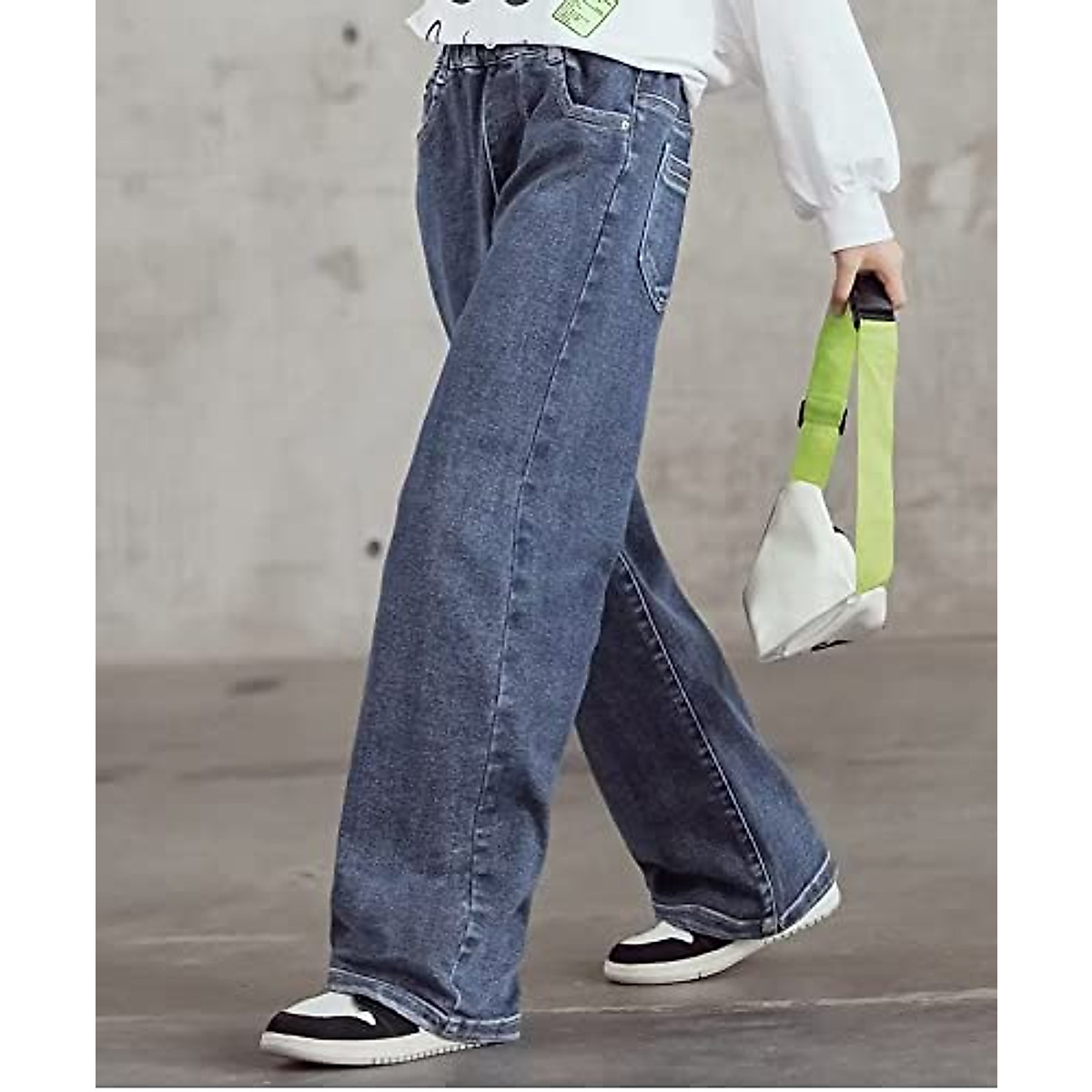 Sitmptol Teen Girls Blue Ripped Jeans Wide Leg High Waist Denim Trousers Loose Streetwear Jeans Baggy Pants Denim Blue 160 11-12 Years