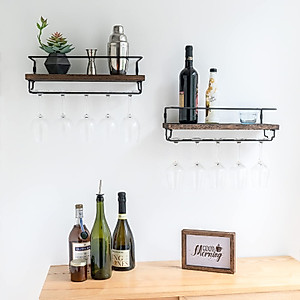 Dahey Wall Mounted Wine Rack Rustic Wood Floating Shelves with Stemware Wine Glasses Holder Champagne Bottle Display Storage for Kitchen Dining Room Bar Home Decor, Set of 2