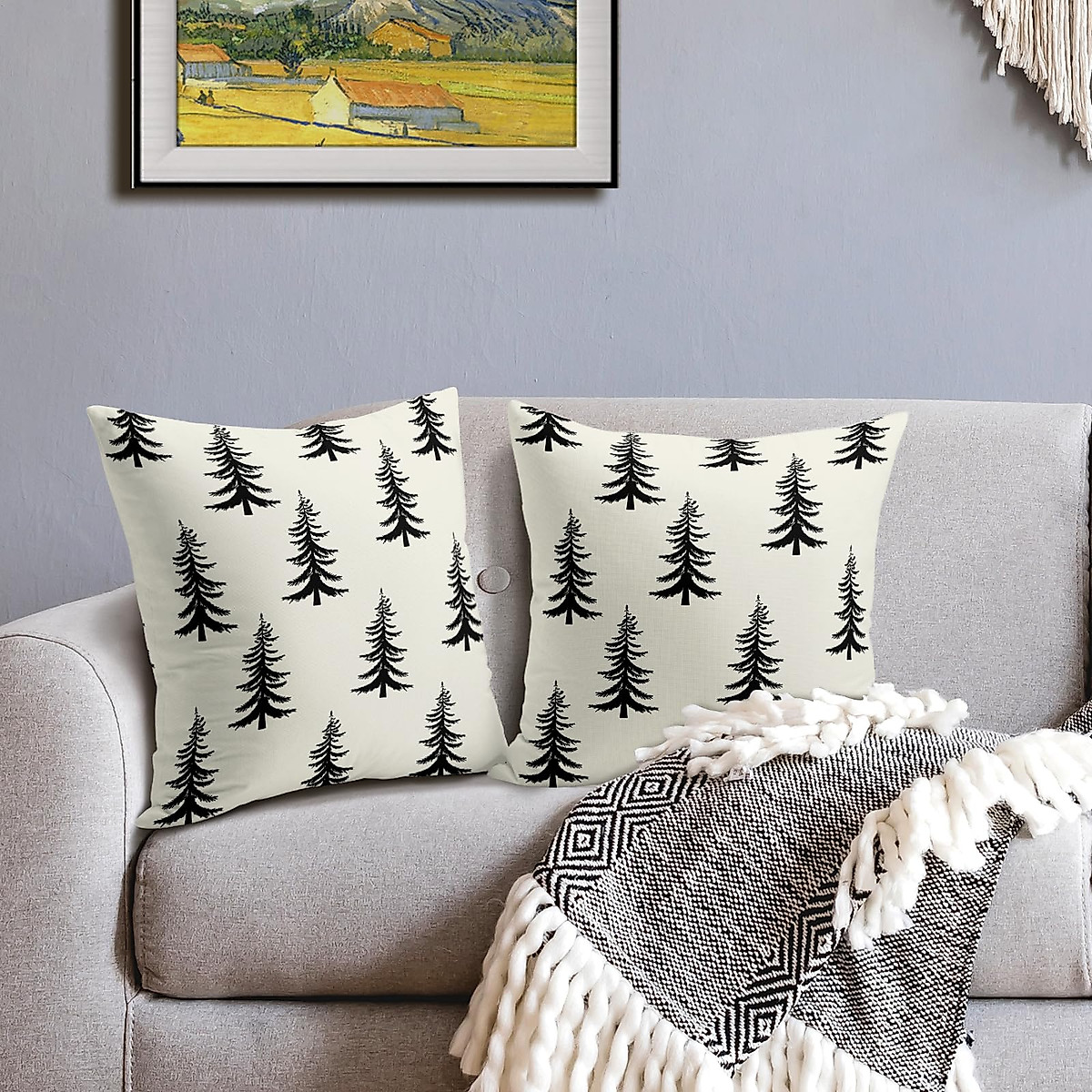 KSLIDS Black Christmas Tree Pillow Covers Set of 2 Xmas Trees Geometric Square Throw Pillows Couch Winter Holiday Pillow Cases Rustic Farmhouse Christmas Decor Home Sofa Porch Bed Outdoor 18x18 Inch