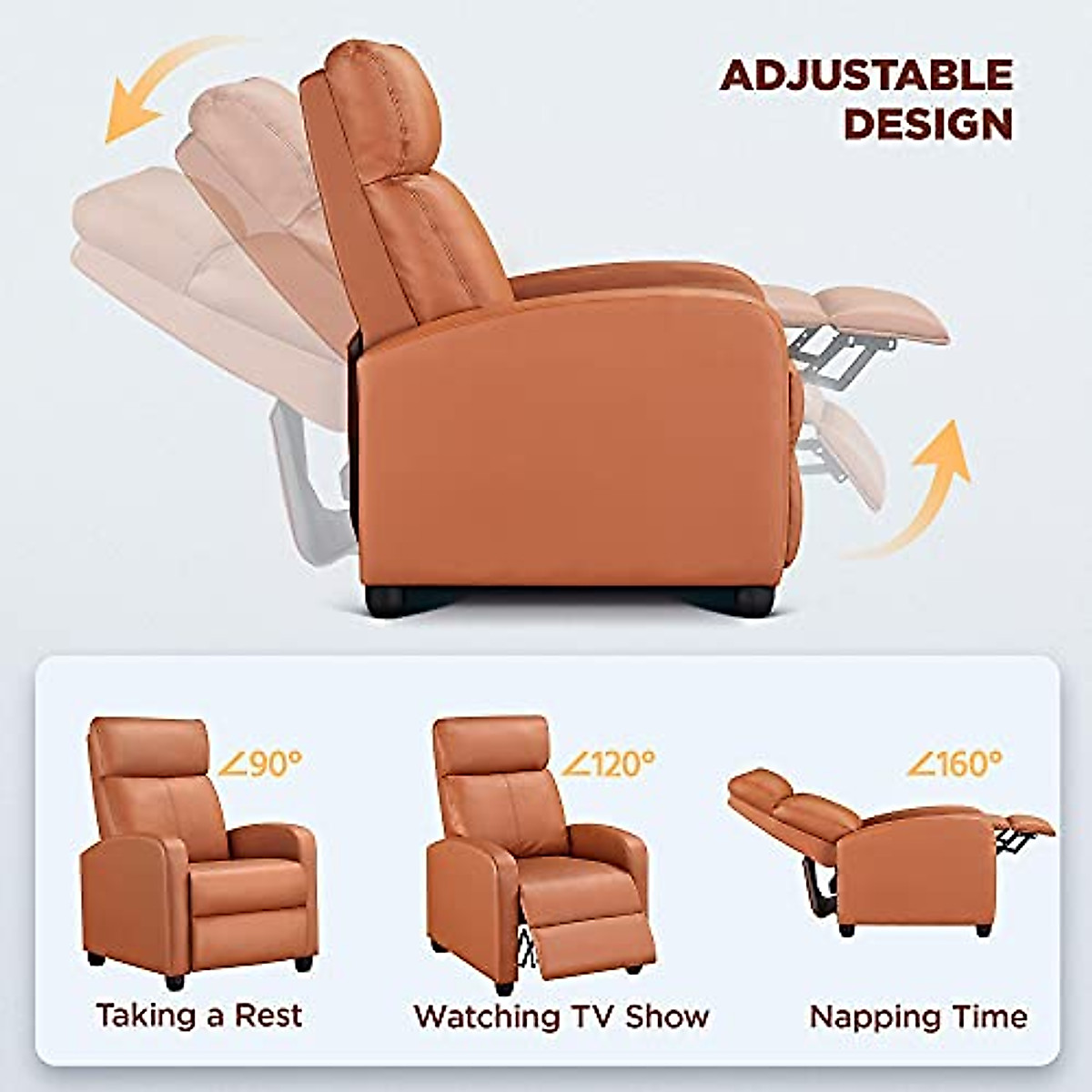 Yaheetech Padded Seat Recliner Chair Set of 2 Single Sofa Recliner for Living Room PU Leather Upholstered Reclining Chair Home Theater Seating Tan