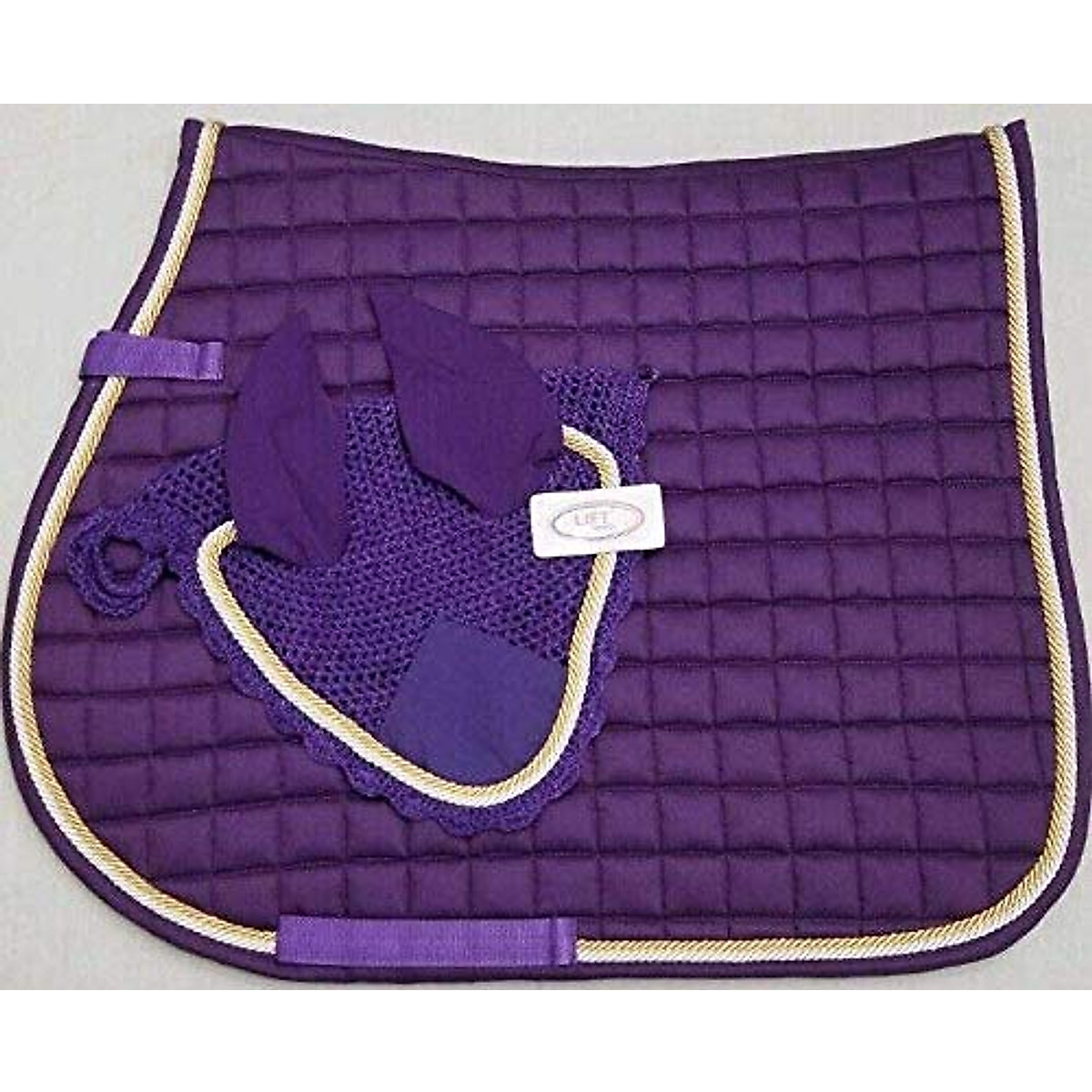 Horse English Saddle PAD with Matching Fly Bonnet with Ear NETS Breathable Cotton Handmade Full Size Stretchable Ears (Purple, Full)