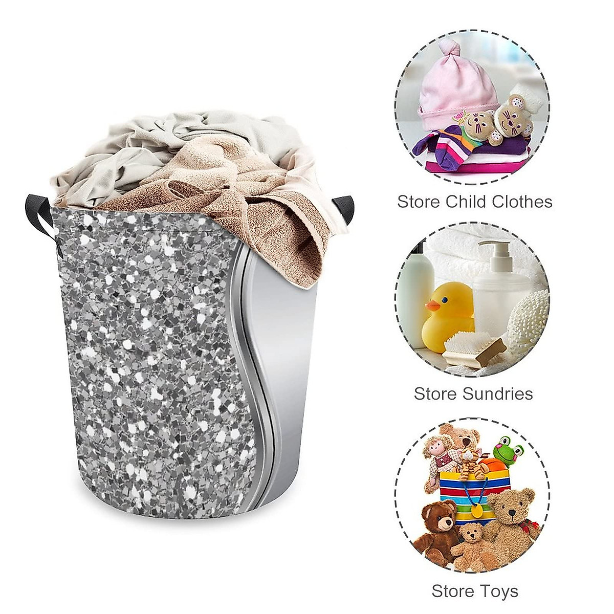 Silver Faux Glitter Glam Bling Laundry Basket Hamper Bag Dirty Clothes Storage Bin Waterproof Foldable Collapsible Toy Organizer for Office Bedroom Clothes Toys Gift Basket