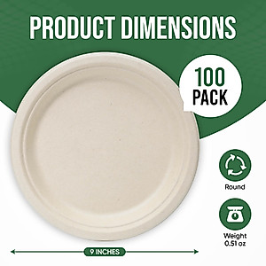 9 Inch Compostable Paper Plates (100 Pack) - Eco-Friendly Disposable Dinnerware for Parties, Microwavable & Water/Oil Resistant - 100% Biodegradable Heavy Duty Brown Plates for Events, Picnics