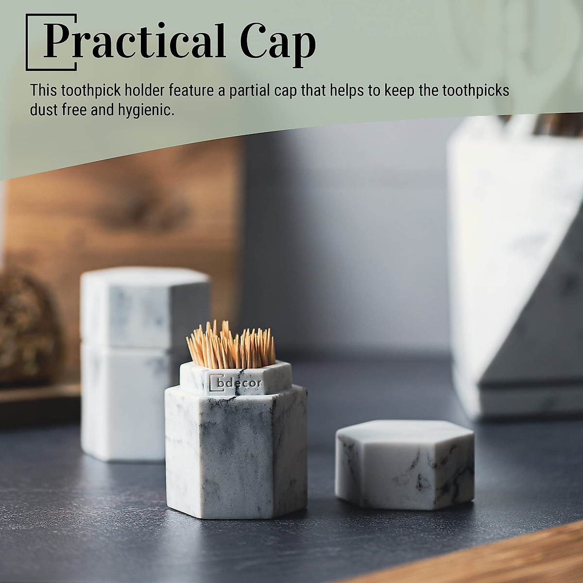 bdecor Toothpick Holder, Toothpick Holder Dispenser with Lid, Marble Effect