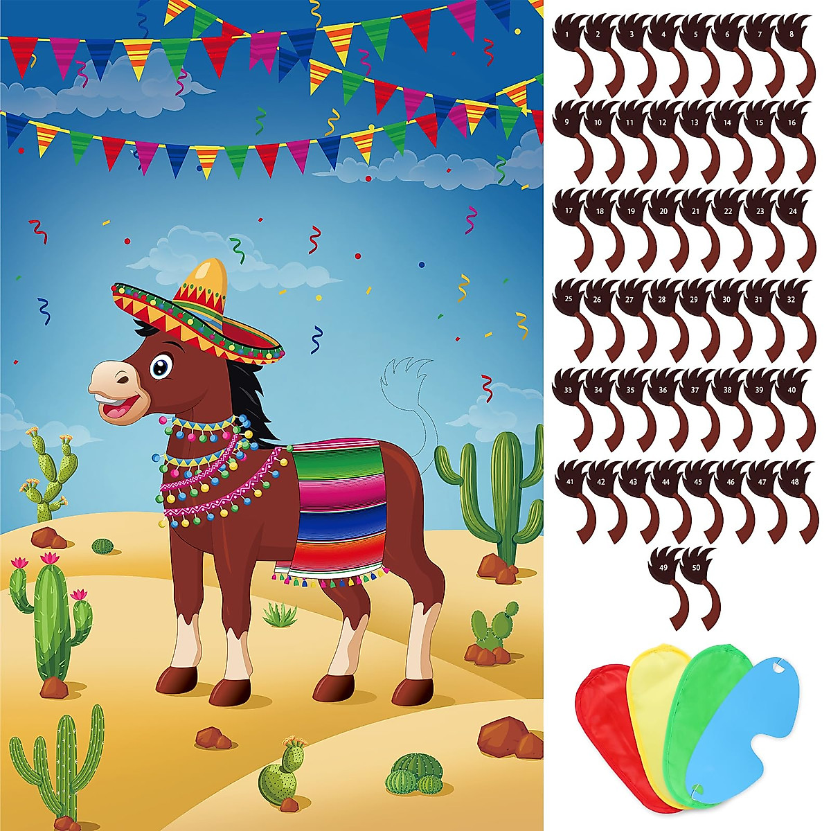 Hxezoc Pin The Tail On The Donkey Party Game With 50 Pcs Tails Large Mexican Donkey Games Poster for Kids Birthday Party Carnival Fiesta Party Supplies