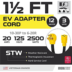 Iron Forge Cable 10-30P to 6-20R EV Charger Adapter Cord, 1.5 Ft - 12/3 STW 30 Amp Male Plug to 20 Amp Female Receptacle