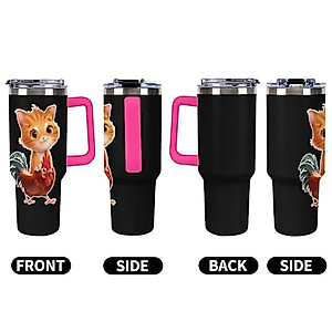 Orange Cat Sitting on A Rooster 40 Oz Tumbler Insulated Stainless Steel Water Bottle Travel Mug Car Cup with Handle And Straw