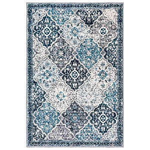 KILOCOCO 5x7 Area Rug, Moroccan Washable Living Room Rug, Vintage Rug Non-Slip, Large Print Faux Wool Throw Rug Indoor Kitchen Rug for Entryway Bedroom Office Carpet, Blue/Multi
