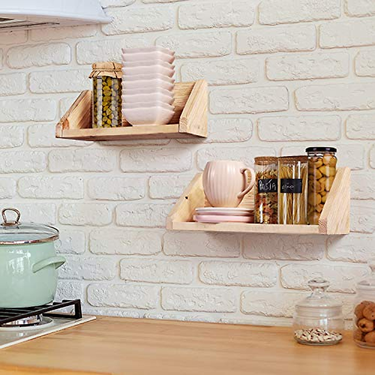GAKEIHOO Floating Shelves Wall Mounted of 2 Set, Spice Rack, Hanging Shelf Wall Wood Shelves for Bedroom, Living Room, Bathroom, Kitchen, Office
