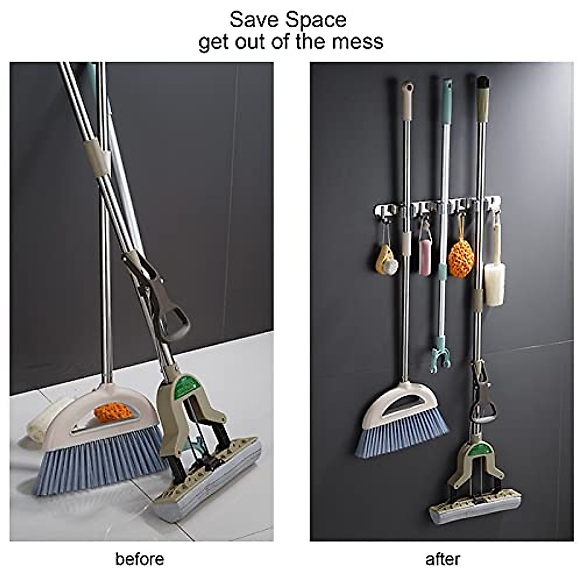 Napcure Broom Holder Wall Mount Heavy Duty Mop Storage Hook Hangers Self Adhesive Stainless Steel 5 Hook 4 Rack