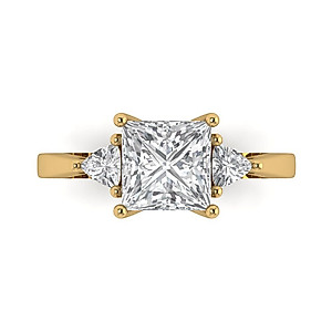 2.32 Ct Brilliant Princess Cut Clear Simulated Diamond 14K Yellow Gold Three Stone Engagement Promise Bridal Ring Size 6.5