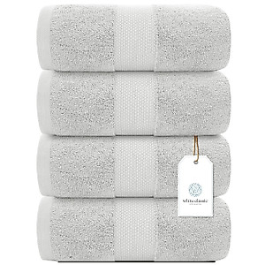 White Classic Luxury Bath Towels Large - Cotton Hotel spa Bathroom Towel |30x56 | 4 Pack | Silver