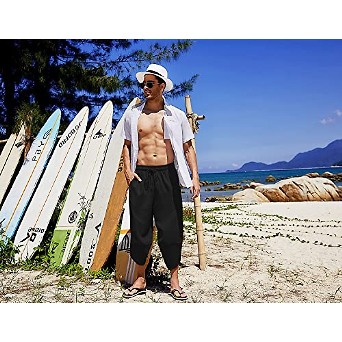 COOFANDY Men's Beach Pants Loose Casual Lightweight Elastic Waist Summer Linen Pants Black