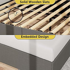 ClouDDwell Queen Bed Frame with RGBW LED Lights, Upholstered Headboard & 4 Storage Drawers, Thickened Hardwood Slats, Dark Grey