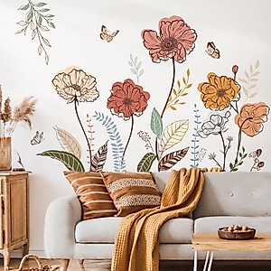 wondever Boho Flower Wall Stickers Wildflower Floral Grass Peel and Stick Wall Art Decals for Living Room Bedroom TV Wall