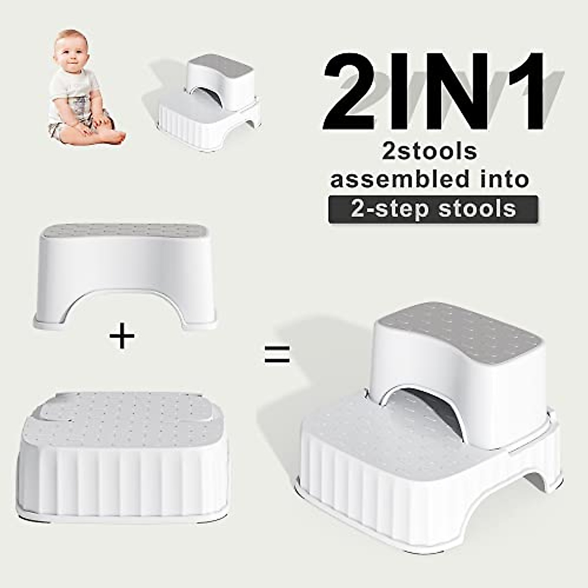 Beideli 2-in-1 Toddler 2 Step Stool – Elegant Double Up Step Stools for Kids Anti-Slip Toddler Two Stepping Stool for Bathroom Sink Kitchen and Toilet Potty Training (White)