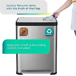 Home Zone Living 18.5 Gallon Kitchen Trash Can, Dual Removable Liners for Recycling and Trash, CleanAura Odor Control, Wide Stainless Steel Shape (10.6 + 7.9 for 18.5 Gallon Total)