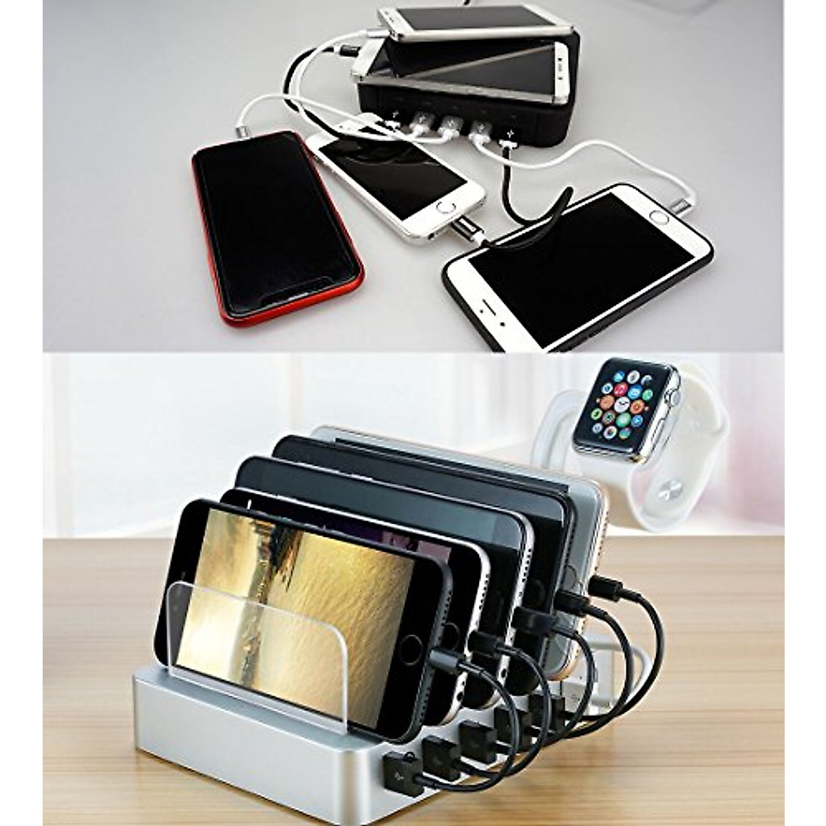 Fastest Charging Station with QC Quick Charge 3.0, COSOOS 63W 12A 6-Port USB Charging Station for Multiple Devices with 6 Mixed Short Cables & lWatch Stand,Multi Charger Station for Cell Phone,Tablet