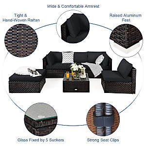 Tangkula 6 Piece Patio Furniture Set, Outdoor Deck Lawn Backyard Durable Steel Frame PE Rattan Wicker Sectional Sofa Set, Conversation Set with Coffee Table (Black)