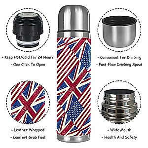Stainless Steel Leather Vacuum Insulated Mug Flags of the United Kingdom Thermos Water Bottle for Hot and Cold Drinks Kids Adults 16 Oz