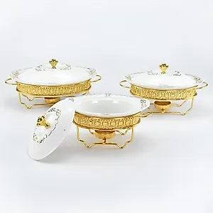 HONHPD 3 Piece Set Ceramics Oval Chafing Dish 1.0/1.5/2.0L Luxury an Crown Gold Food Warmer Set for Buffet Weddings, Parties, Banquets, Catering Events, Golden