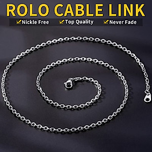 Stainless Steel Cable Link Chain Necklace for Women Men Jewelry Gift 3mm Sturdy Strong Rolo Chain Necklaces, 18 Inch