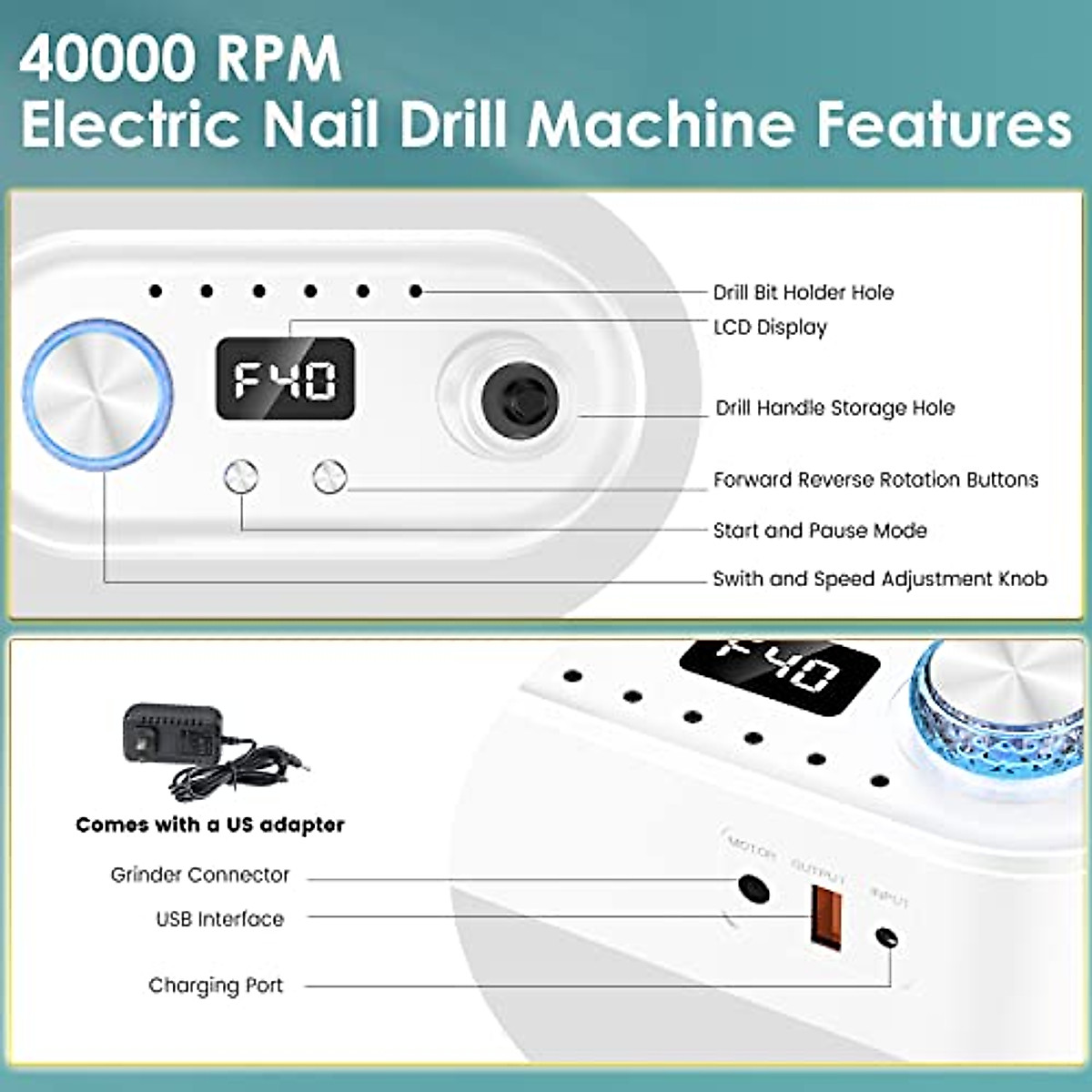 Electric Nail Drill Machine, 40000RPM Professional Efile Nail Drill Kit, Electric Nail File for Acrylic Nails Gel Nails, Toenail Grinder Manicure Pedicure Polishing Shape for Home Salon Use by JOEOEN