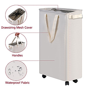 efluky Laundry Basket, Slim Laundry Basket with Wheels, Rolling Laundry Basket for Clothes, Small Laundry Basket for Bedroom, Dorm and Laundry Room, 48L (12.7 Gallons) Beige