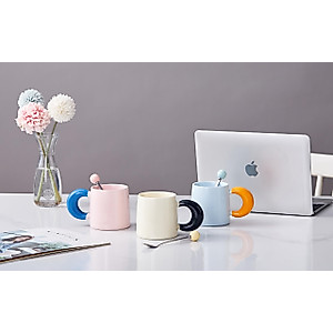 Cute Ceramic Coffee Cups with Spoon, Creative Moon Handle Ceramic Mugs, Novelty Coffee Mugs Cups for Latte Tea Milk,Office and Home,Dishwasher and Microwave Safe (Blue and Orange)