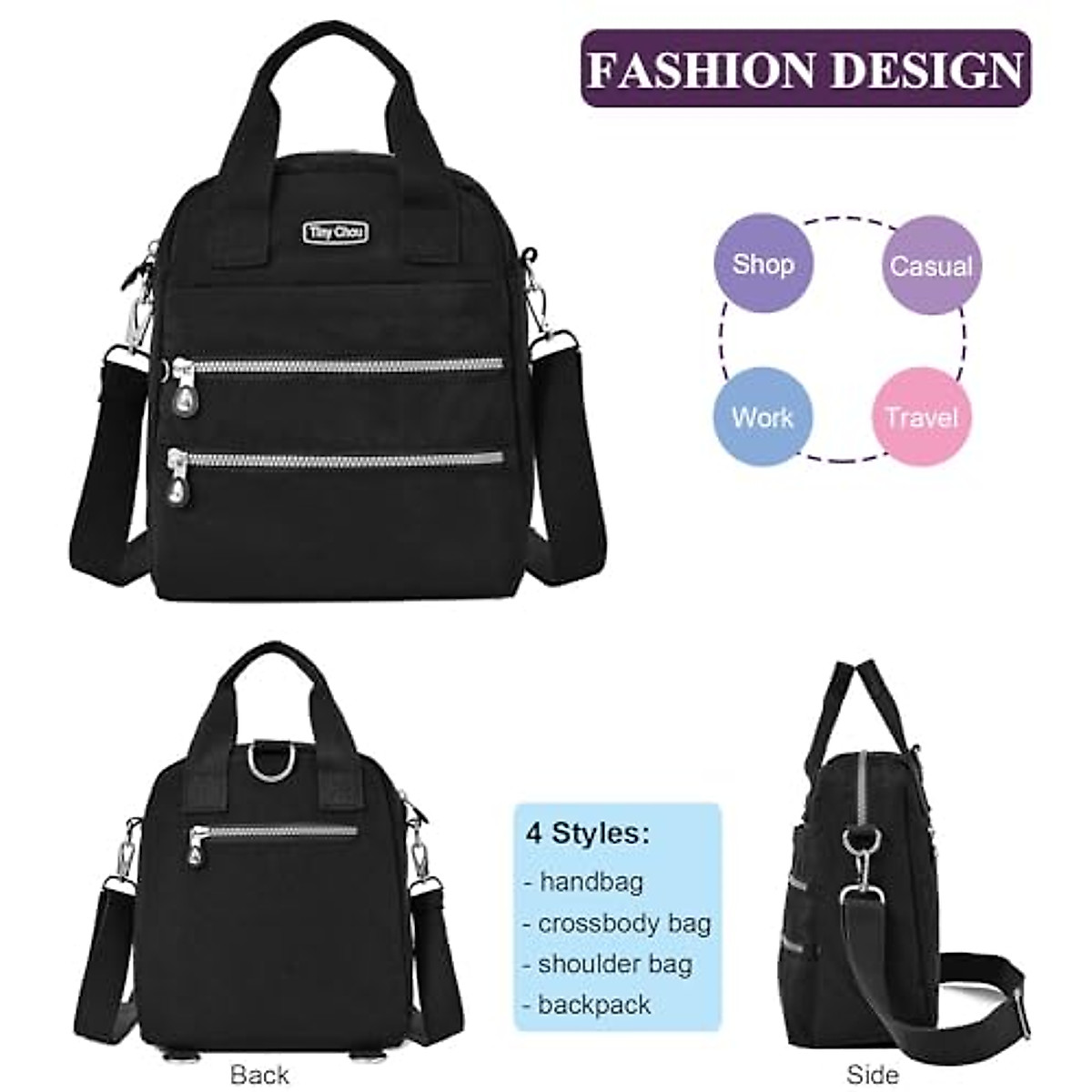 Tiny Chou Waterproof Nylon Crossbody Shoulder Bags, Fashion Travel Backpack Purse, Multi Pockets Hobo Bags with Adjustable Strap for Women, Lightweight Small Totes Handbags (Black)