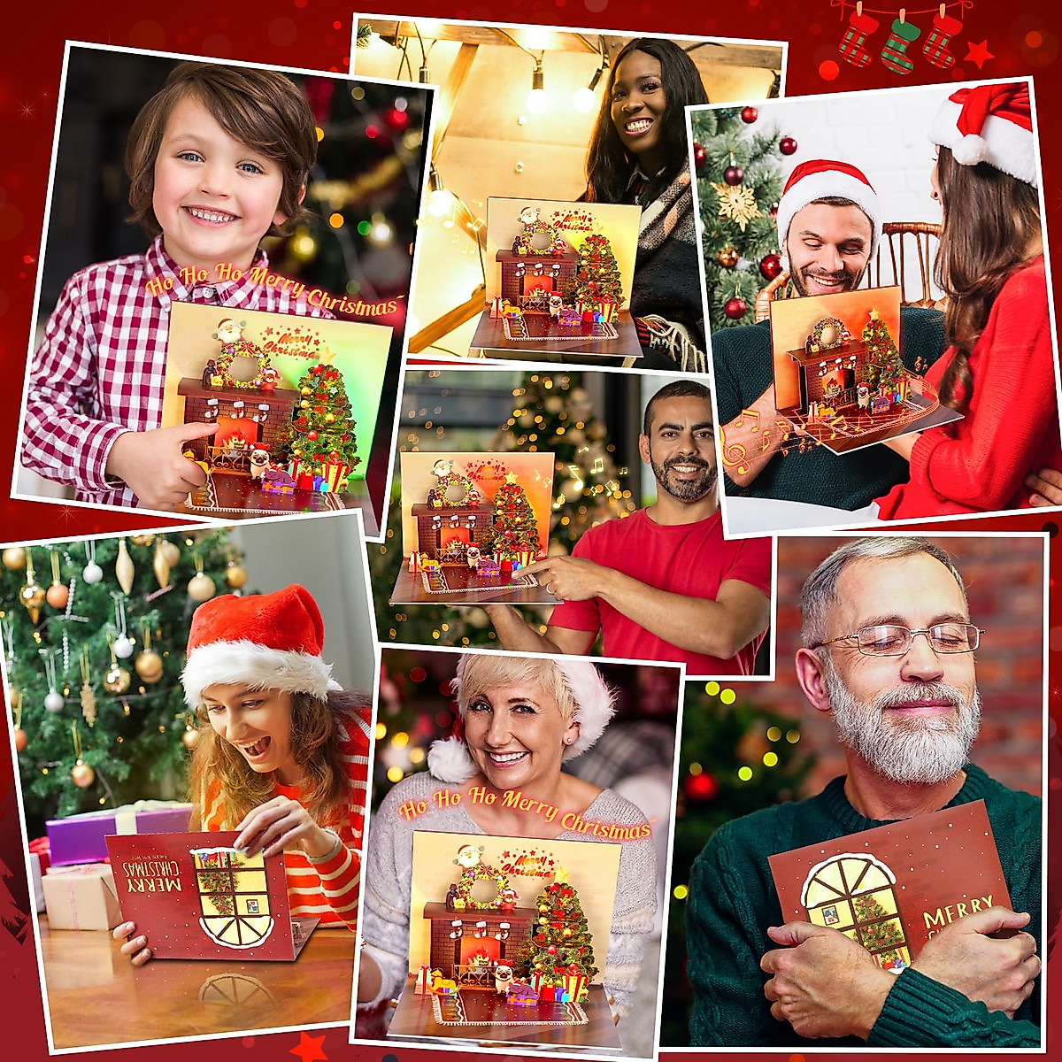 FITMITE Christmas Card Pop Up with Light and Music 3D Santa Fireplace Merry Christmas Greeting Card with Envelope for Kids Girls Women Man Christmas Gift