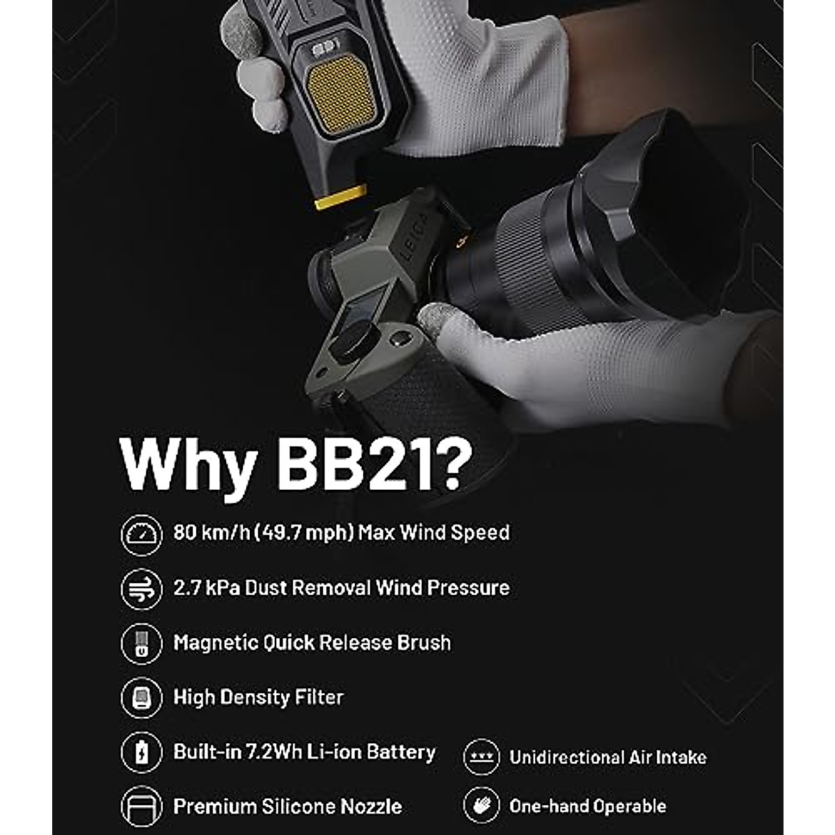 Nitecore Blowerbaby BB21 Electronic Cleaning Air Blower 2023 Version, 2.7kPa Dust Removal Wind Pressure, 80km/h Max Wind Speed, with Quick Release Brush, for Cameras Lens Cleaning and More