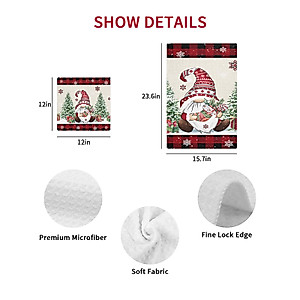 Hokiten Christmas Gnomes Waffle Kitchen Towels Dishcloths, Xmas Tree Winter Snowflake Red Black Plaid Absorbent Dish Towels | Hand Towels for Bathroom/Bar, 12 x 12 Inch, 2 Pcs