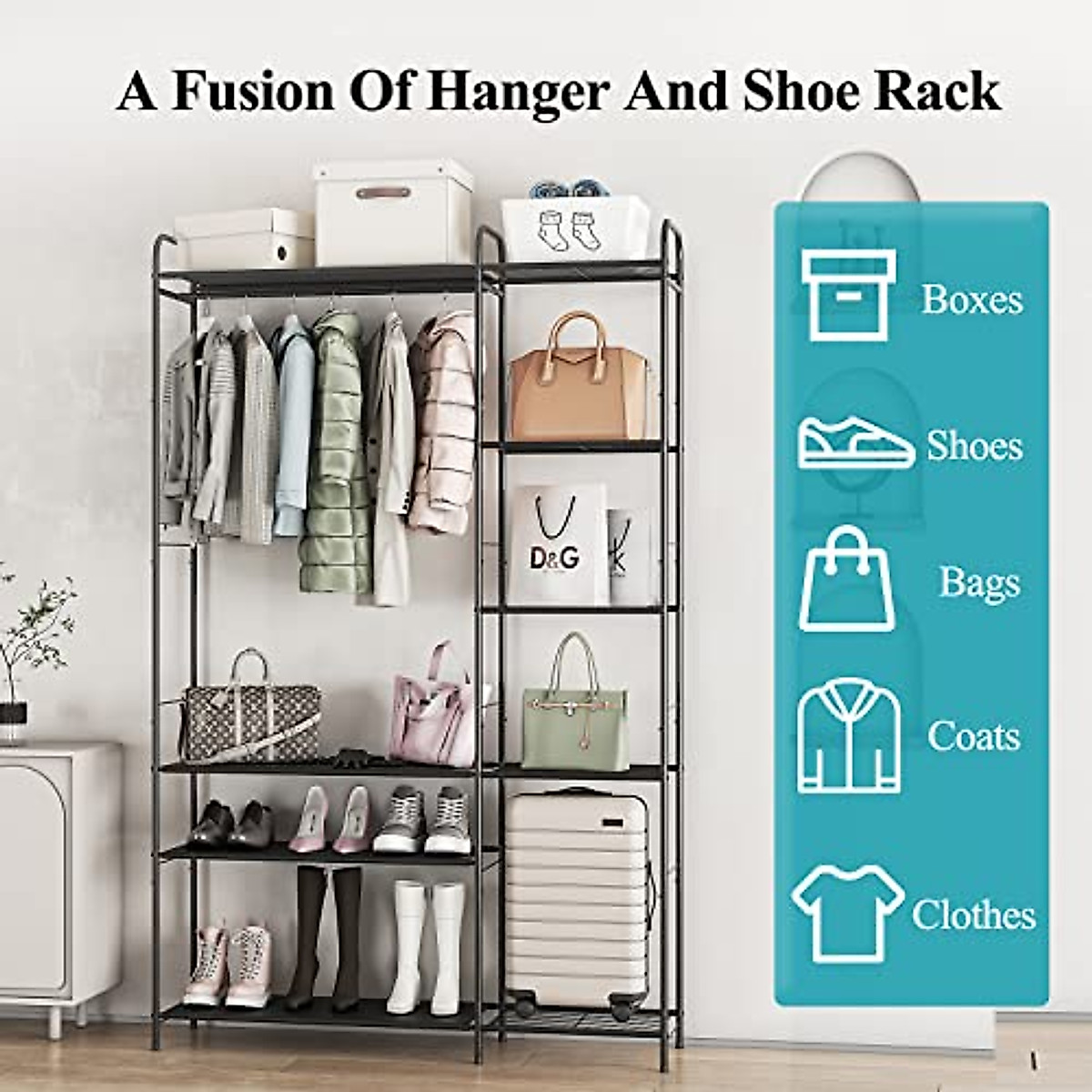 Wisdom Star Garment Rack with Shelves for Hanging Clothes, Free-Standing Clothes Rack with Shelves for Bedroom, Bathroom, Metal Clothes Racks for Hanging Clothes, Coats, Skirts, Shoes, Large, Black