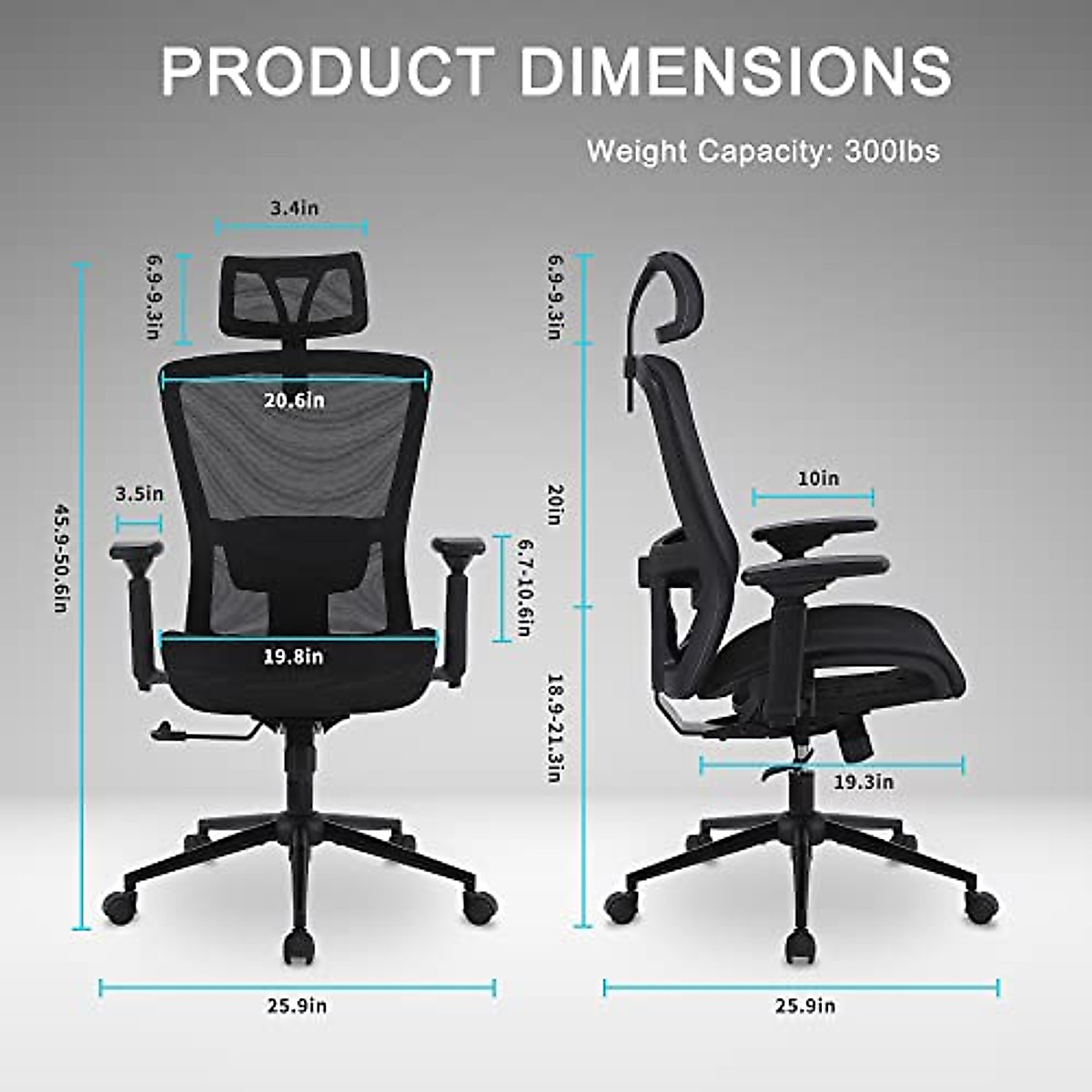 Youhauchair Ergonomic Office Chair, Home Office Desk Chairs with Adjustable Headrest and Lumbar Support, 3D Armrests, Tilt Lock Function, High Back Swivel Mesh Computer Chair