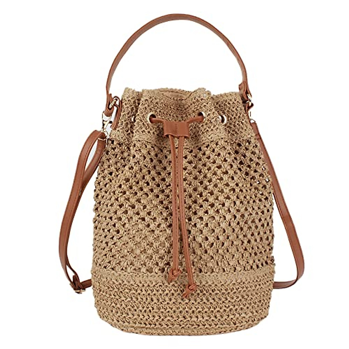 Women Small Hollow Out Straw Woven Drawstring Crossbody Bag Top-handle Bag Bucket Bag