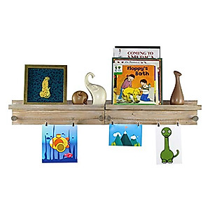 DUCIHBA Set of 2 Wall Mounted Picture Ledge Display Floating Shelves, Twine Cords with Metal Clips to Hanging Photos, Prints, Artwork for Nursery, Living, Bedroom, Rustic Torched Wood, Farmhouse Gray