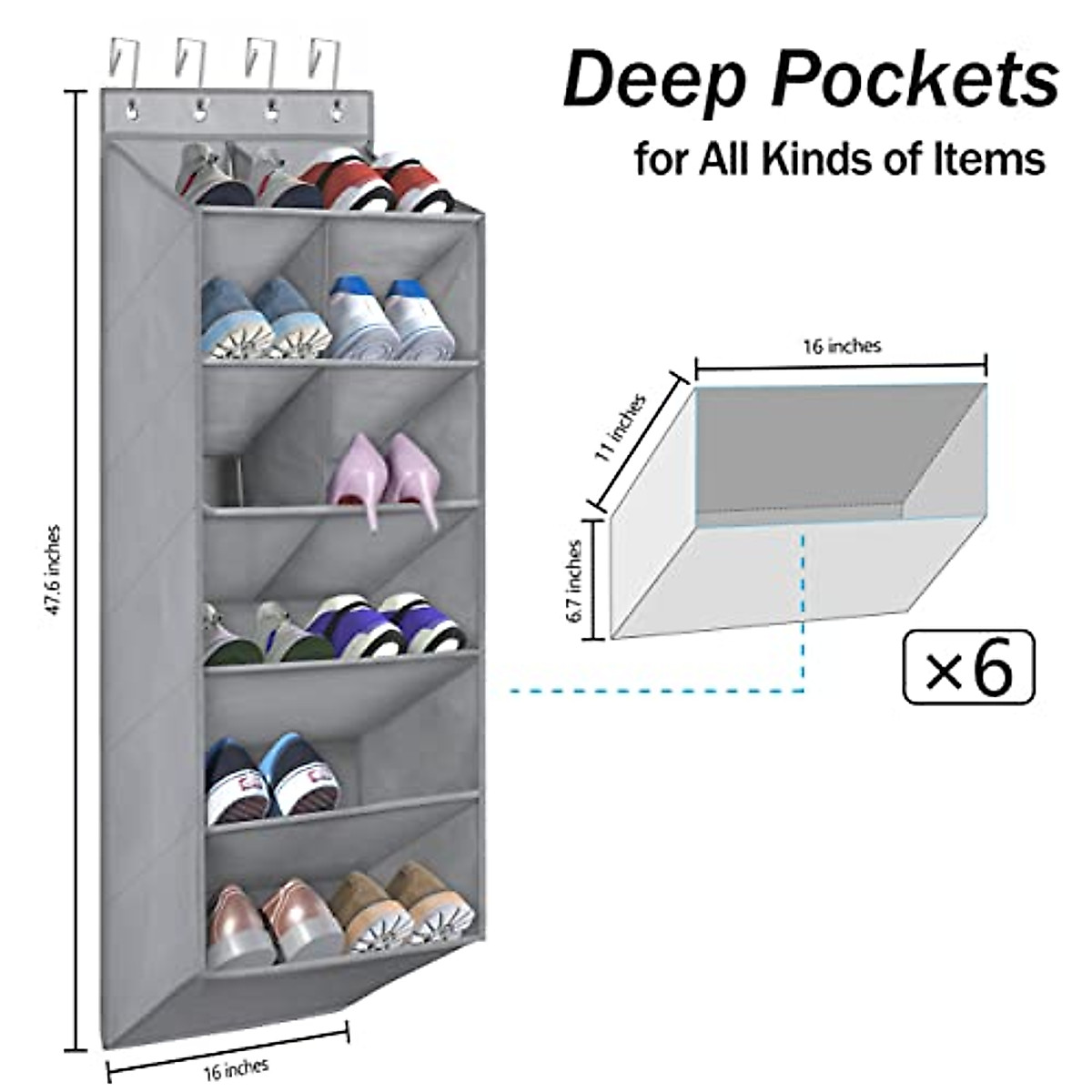 coastal rose Over The Door Shoe Organizer, 6-Tier Shoe Rack for Closet Door with Large Deep Pockets & 4 Metal Hooks, Hanging Storage Organizer for Baby Diaper, Shoe, Closet, Bathroom, Nursery, Gray