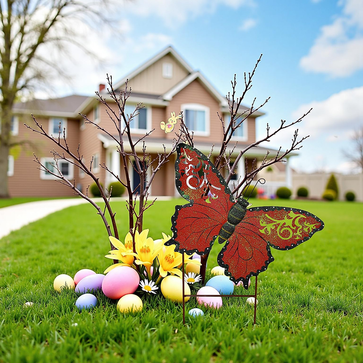 18.5 Inch Metal Butterfly Garden Stake Outdoor Decorative Stakes Butterfly Decor Whimsical Butterfly Stake Yard Art Ornaments (Red)