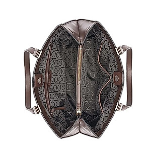 Calvin Klein Women's Granite Geometric Tote Bag – Vegan Leather, Monogram, 3 Pockets, Khaki/Brown/Java, One Size