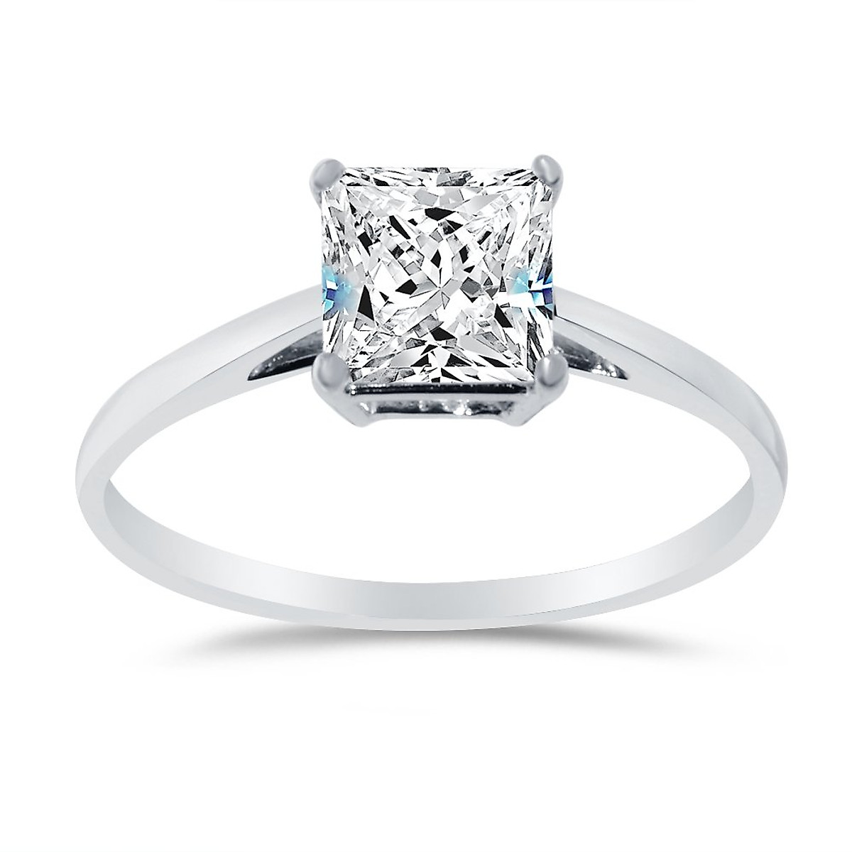 Size - 7.5 - Solid 14k White Gold Princess Cut Thin Band Solitaire Wedding Engagement Ring CZ Cubic Zirconia 1.0ct.