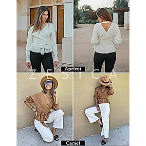 ZESICA Women's 2023 Fall Wrap V Neck Long Batwing Sleeve Belted Waist Ruffle Knitted Sweater Pullover Top,Apricot,Medium