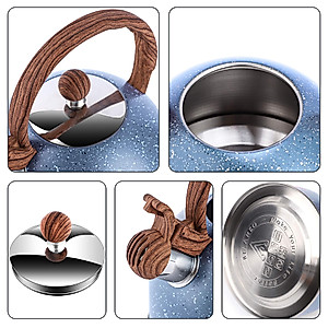 BELANKO 2.3 Quart / 2.5 Liter Stainless Steel Tea Kettles, Food Grade Stovetops Tea pot with Wood Pattern Handle Loud Whistling for Tea, Coffee, Milk etc, Gas Electric Applicable - Blue