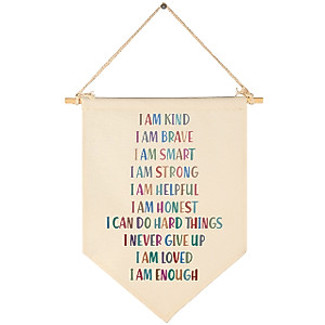 I Am Kind I Am Brave I Am Smart- Kid Affirmation Gift- Canvas Hanging Pennant Flag Banner Wall Sign Decor Gift for Nursery Baby Kids Girl Boy Teen Bedroom Playroom Front Door- Birthday Christmas Gift