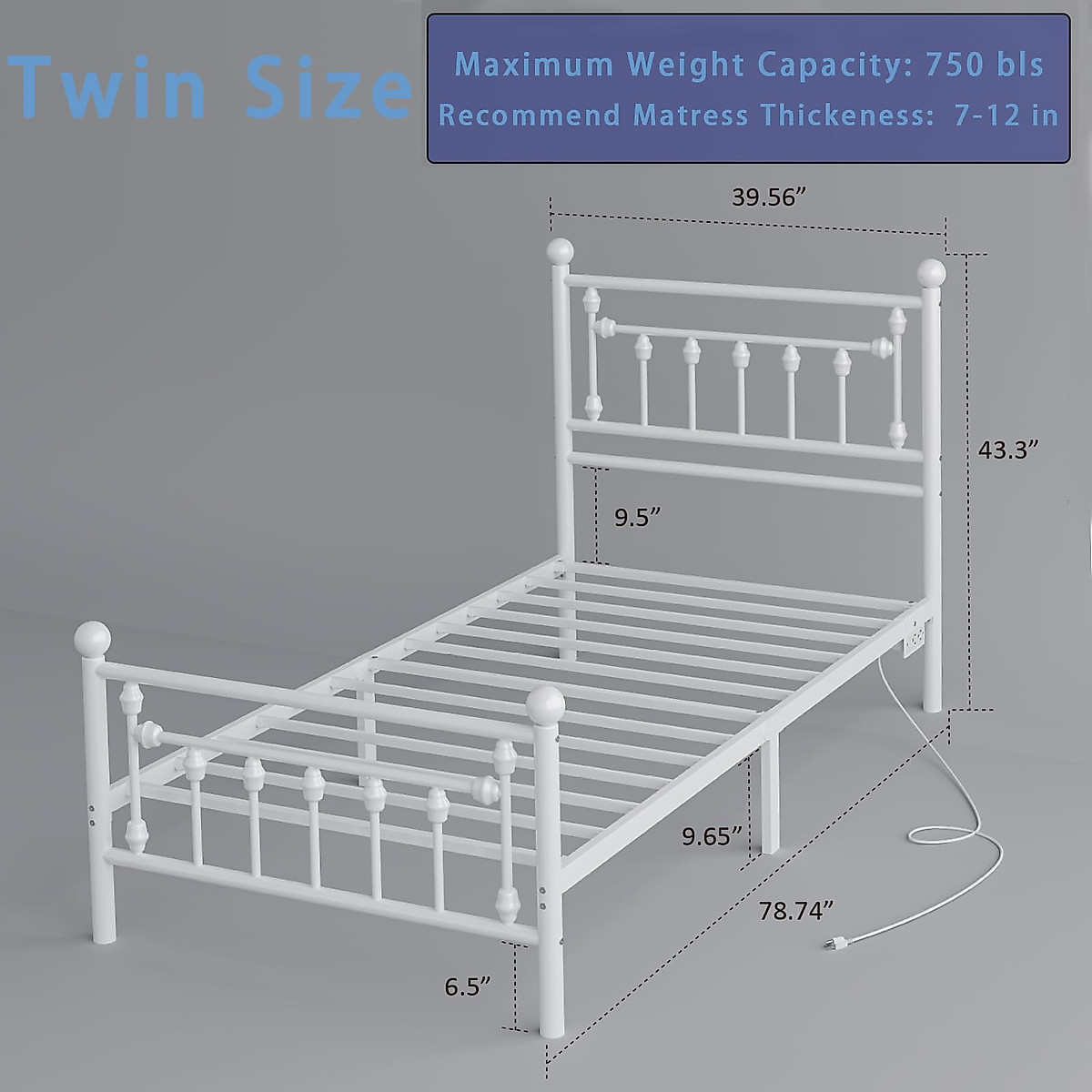 PUNICE Bed Frame Twin Size with Charging Station, LED Bed Frame with Victorian Style Iron-Art Headboard/Footboard, Under-Bed Storage, No Box Spring Needed, Easy Assembly, White