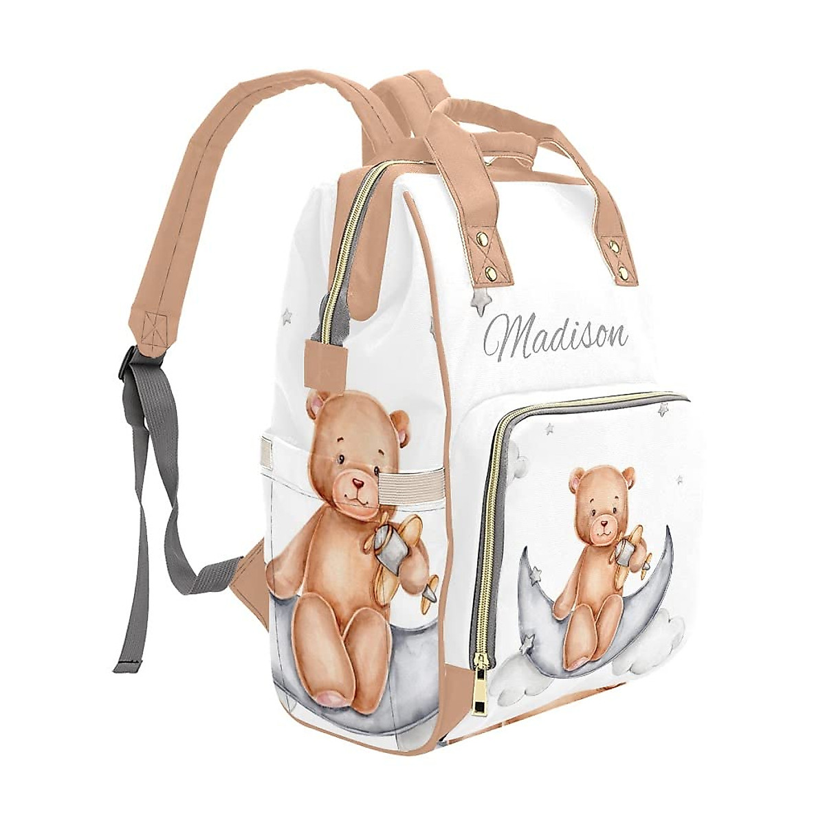 NZOOHY Teddy Bear Sits on Moon Personalized Name Diaper Bag Tote, Custom Waterproof Nursing Baby Bag Mummy Backpack for Mom Travel Outdoor 15'' X 10.83'' X 6.69''