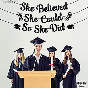 Glitter, She Believed She Could So She Did Banner - Large 10 Feet, No DIY | Graduation Banner Black Graduation Party Decorations 2023 | Graduation Garland, Class of 2023 Graduation Decorations for Her