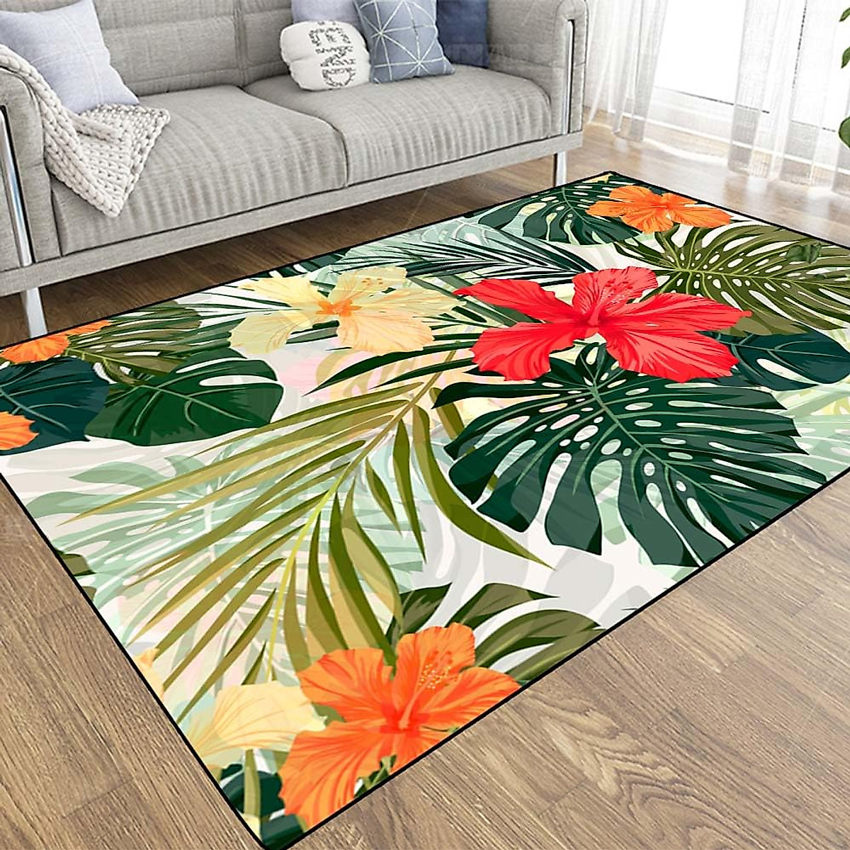 Gesmatic Play Area Rug, Small Area Rug(2X3) Summer Colorful Hawaiian Pattern Tropical Plants Hibiscus Flowers Oriental Area Rug, Suitable for Living Room, Kitchen, Outdoor