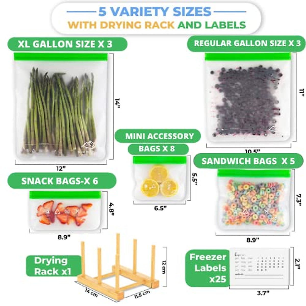 24 Pack Storage Bags for Food In 5 Sizes & 25 Freezer Labels With Drying Rack bpa free food bags, XL 12 X 14 Reusable Gallon Bags For Food, Silicone Storage Bags For Food Kids Reusable Snack Bags