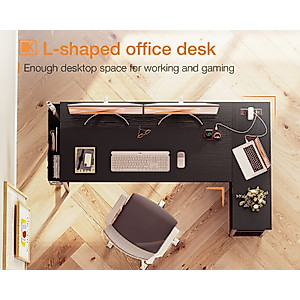ODK 55 Inch Small L Shaped Computer Desk with Power Outlets, Corner Desk with PC Stand & Reversible Storage Shelves for Small Space Home Office Workstation, Modern Simple Writing Study Table, Black